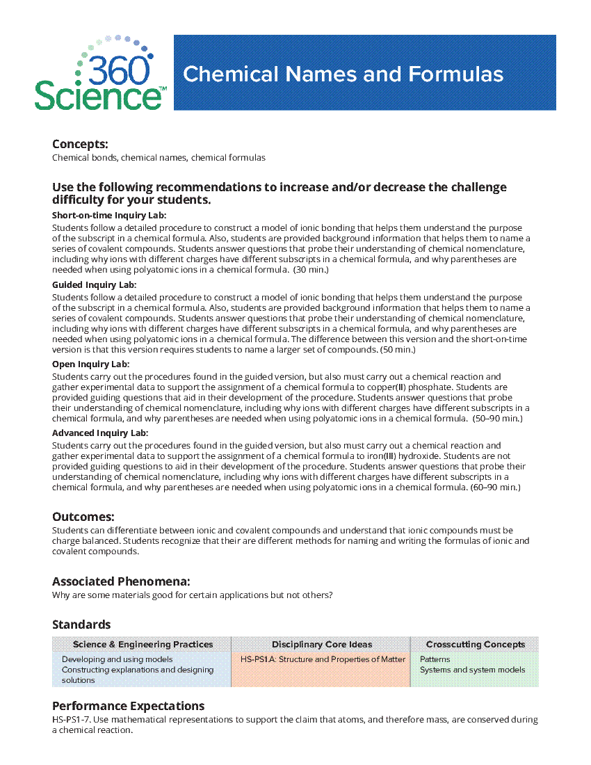 360Science™: Chemical Names and Formulas | Flinn Scientific