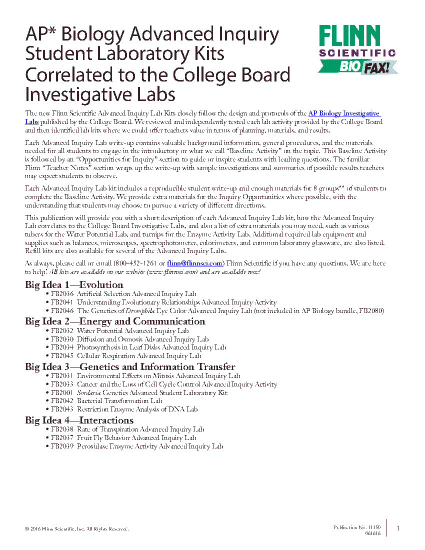 AP* Biology Advanced Inquiry Student Laboratory Kits | Flinn Scientific
