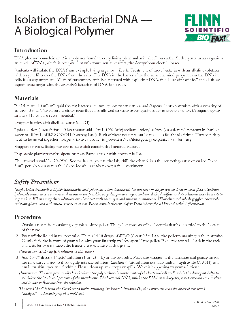 Isolation of Bacterial DNA - A Biological Polymer | Flinn Scientific