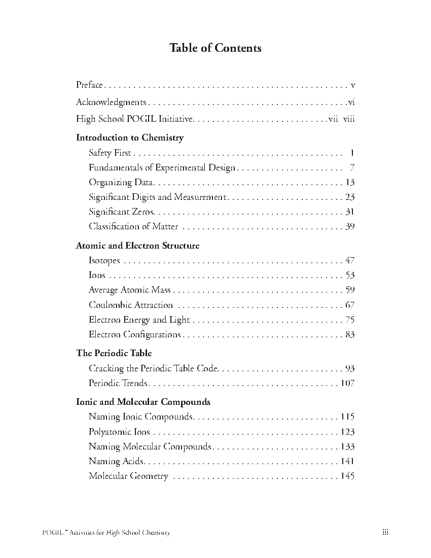POGIL™ Activities for HS Chemistry Table of Contents