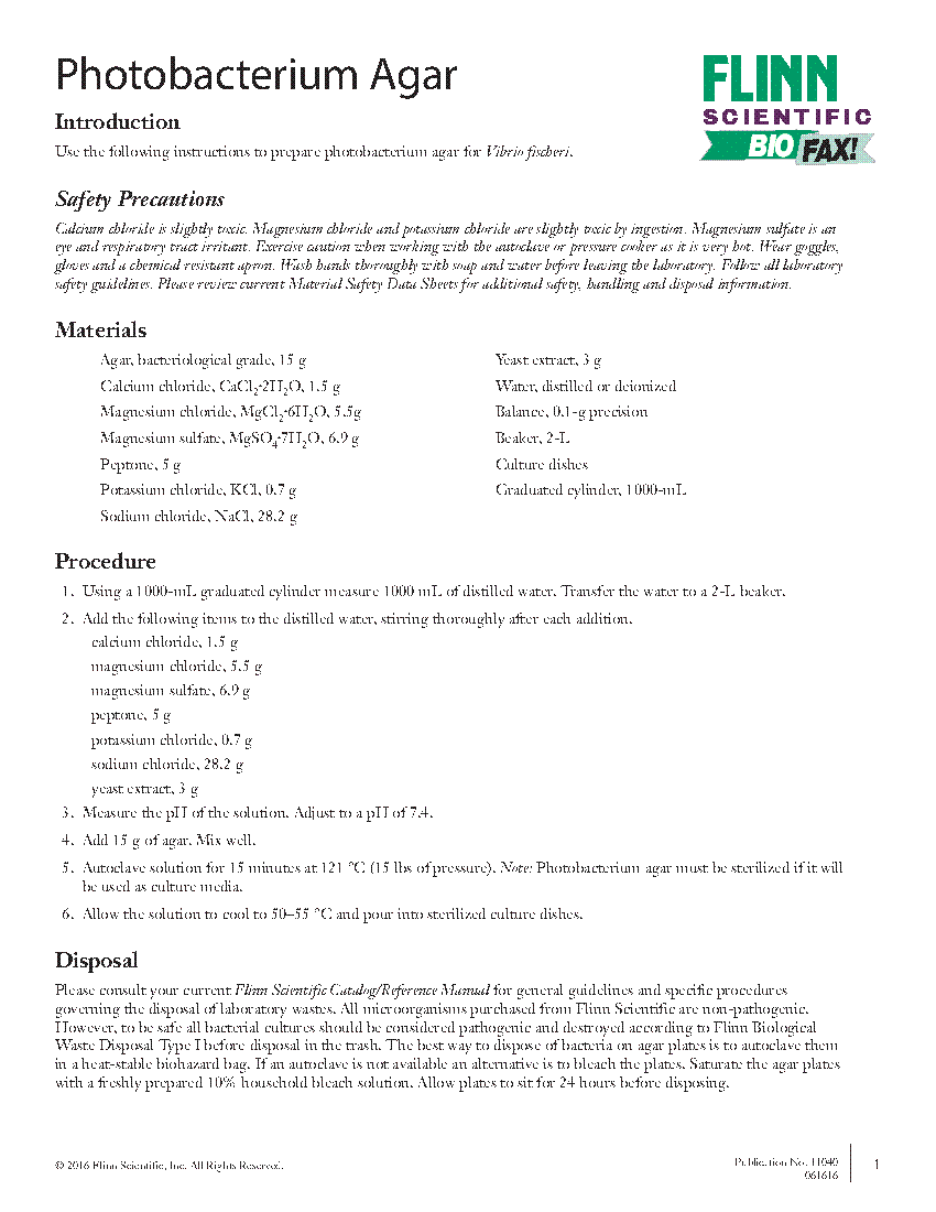 Photobacterium Agar Recipe and Preparation | Flinn Scientific