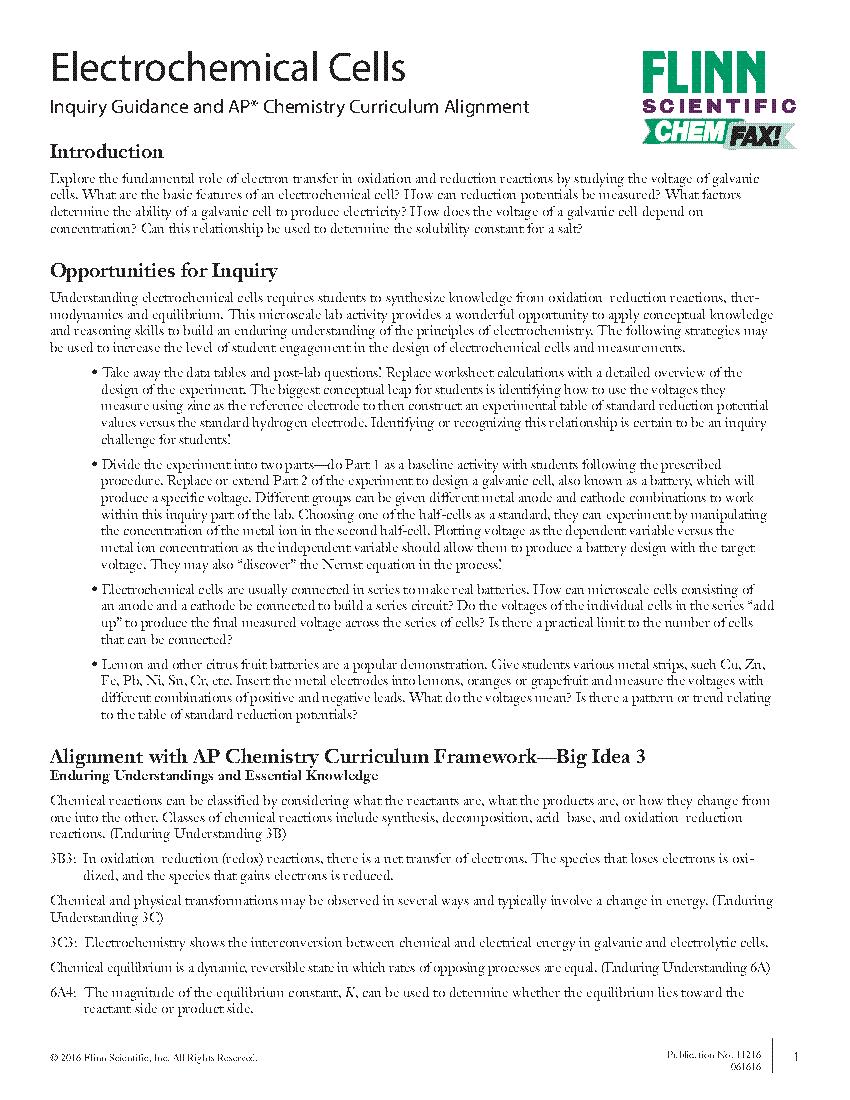 Electrochemical Cells Inquiry Guidance and AP* Chemistry Curriculum ...