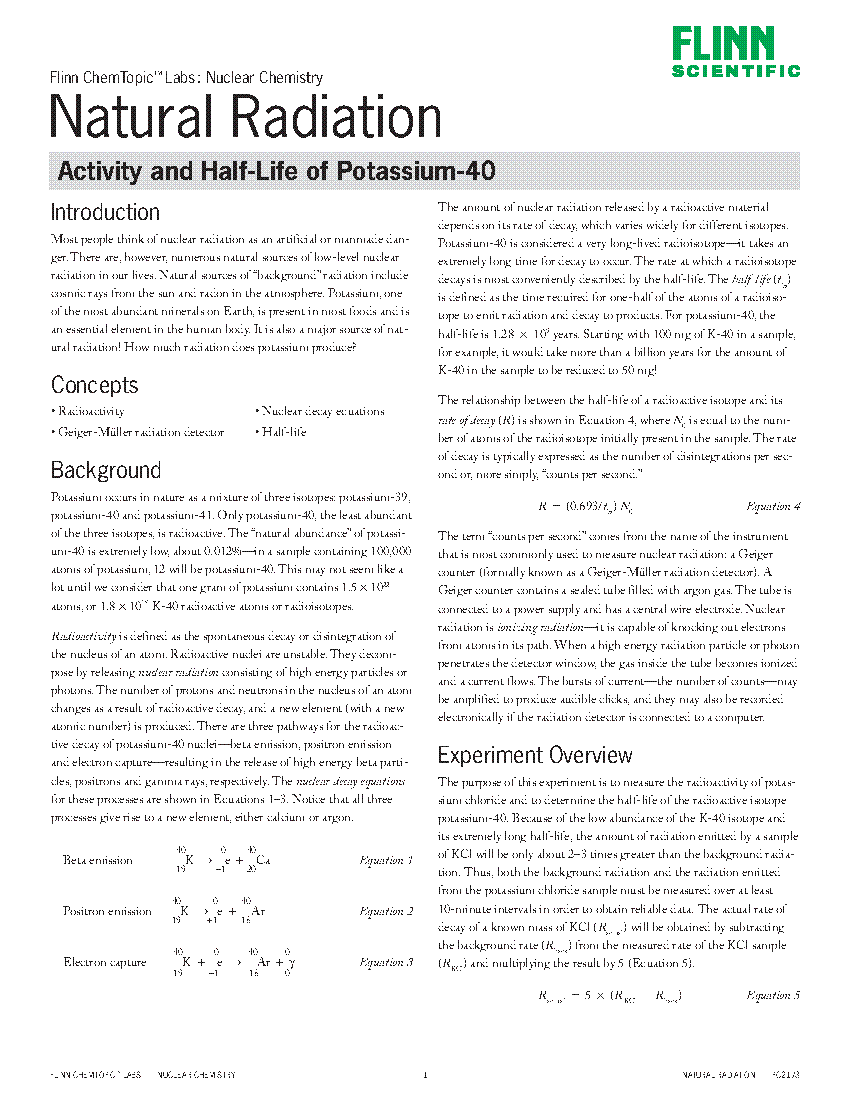 Natural Radiation: Activity and Half-Life of Potassium-40—ChemTopic ...