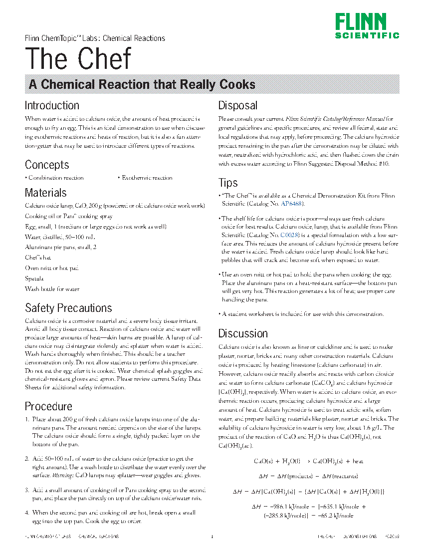 The Chef: A Chemical Reaction that Really Cooks—ChemTopic™ Lab Activity ...