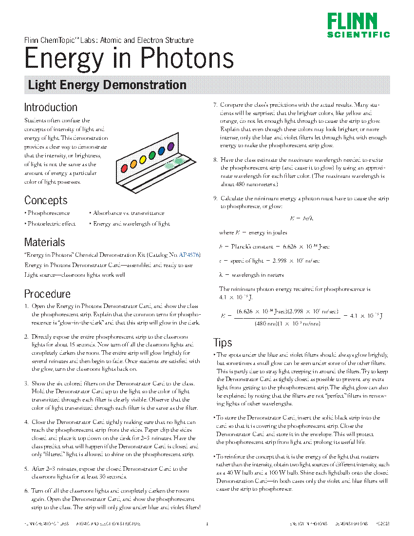Energy in Photons: Light Energy Demonstration—ChemTopic™ Lab Activity ...