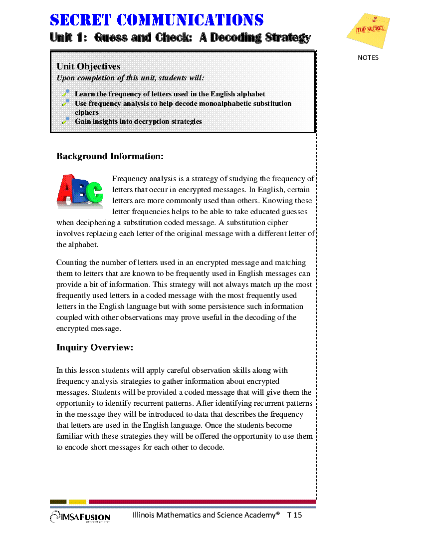 Sample Activity IMSA Fusion Secret Communications | Flinn Scientific
