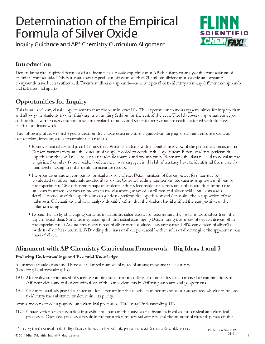 Empirical Formula of Silver Oxide Inquiry Guidance & AP* Chem ...