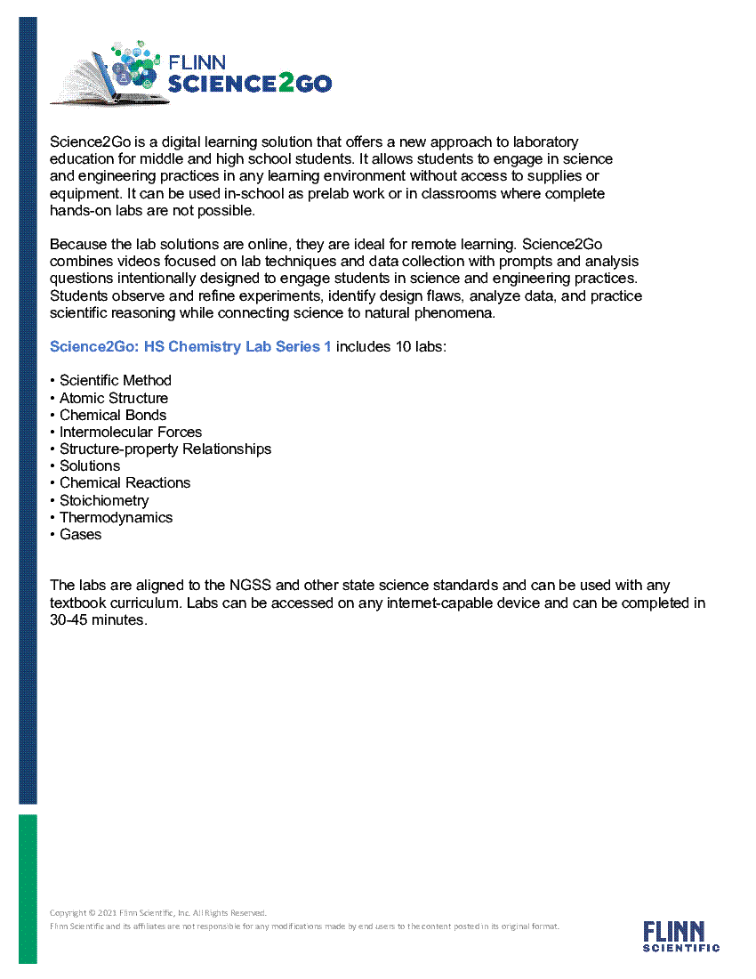 HS Chemistry I Overview, Science2Go | Flinn Scientific