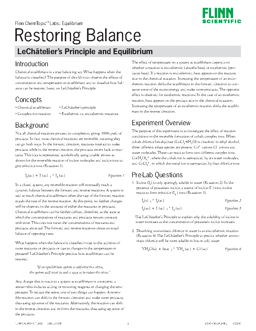 Restoring Balance: LeChâtelier’s Principle and Equilibrium—ChemTopic ...