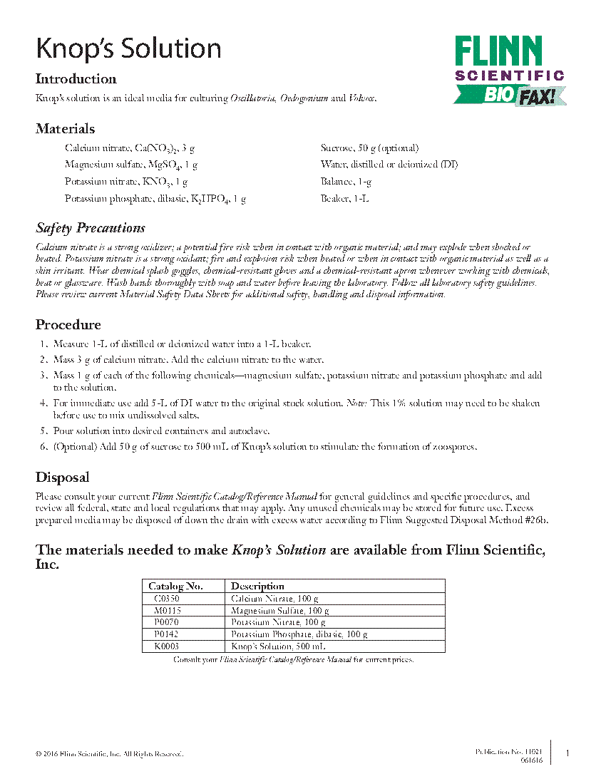 Knop’s Solution Recipe and Preparation | Flinn Scientific