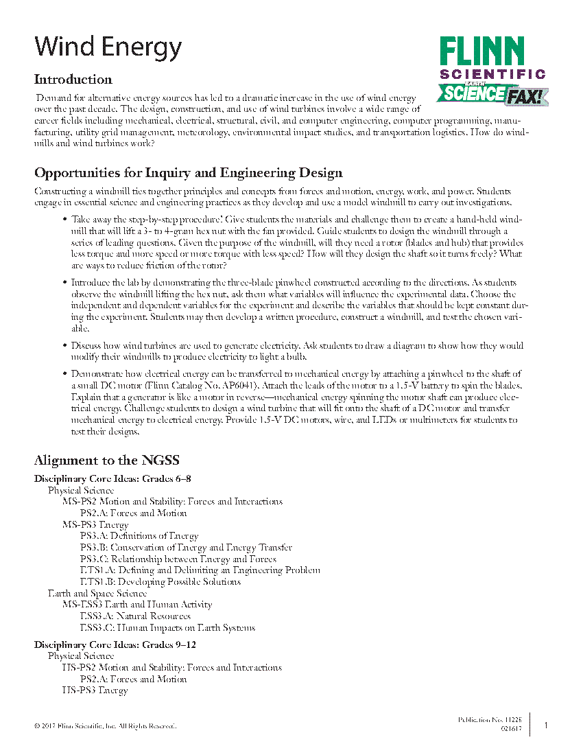 STEM Integration Guide for Flinn Wind Energy Kit | Flinn Scientific