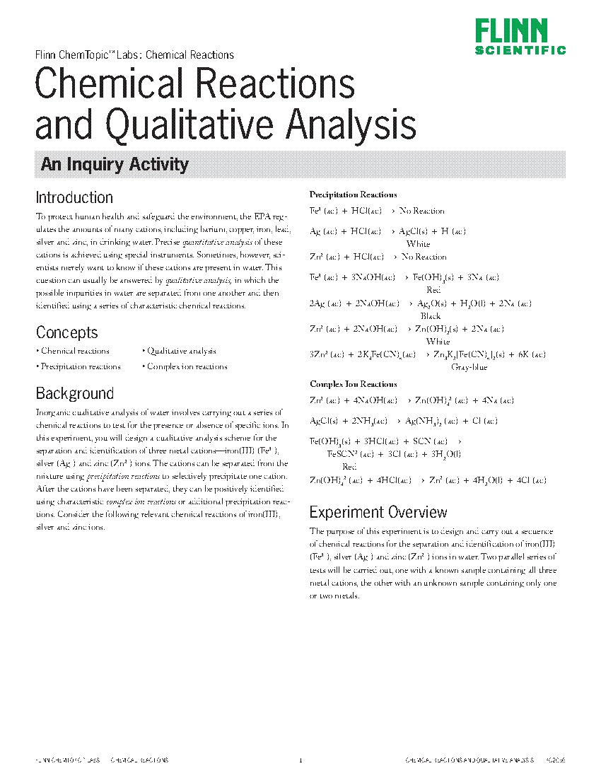 Chemical Reactions and Qualitative Analysis: An Inquiry Activity ...