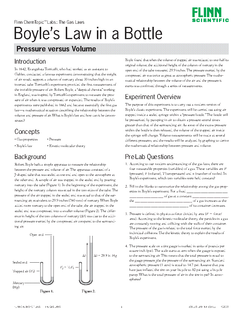 Boyle’s Law in a Bottle: Pressure versus Volume—ChemTopic™ Lab Activity ...
