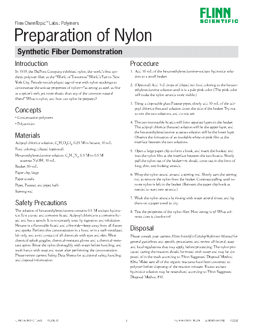 Preparation of Nylon: Synthetic Fiber Demonstration—ChemTopic™ Lab ...