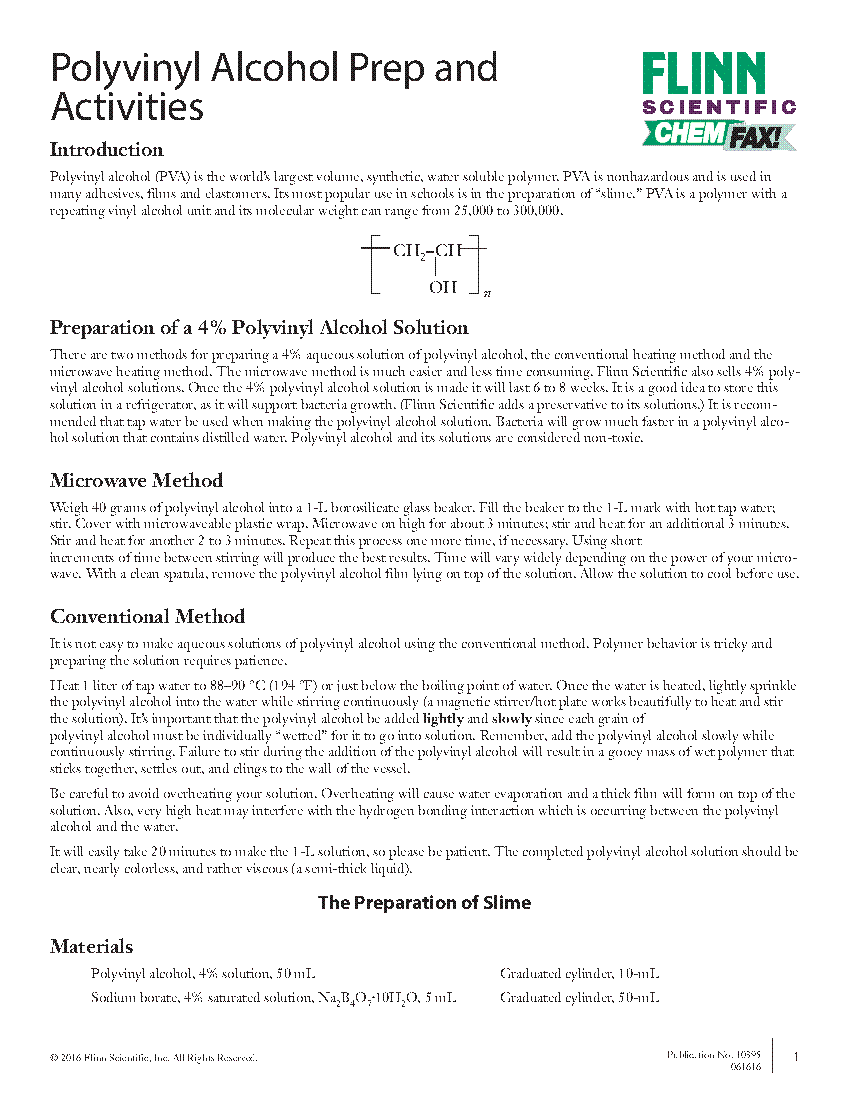 Polyvinyl Alcohol Prep and Activities | Flinn Scientific
