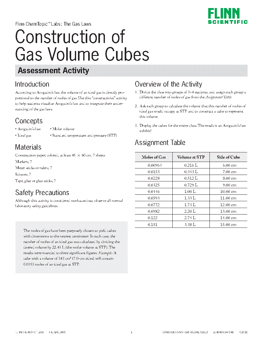 Construction of Gas Volume Cubes: Assessment Activity—ChemTopic™ Lab ...