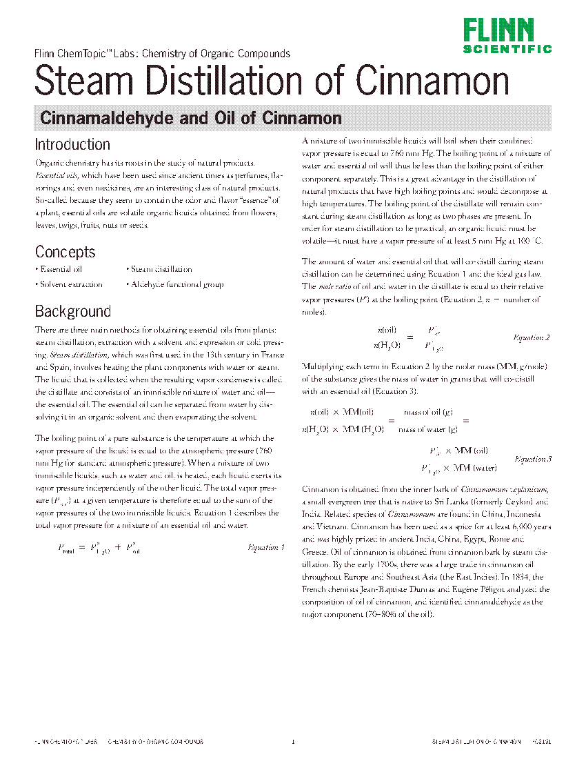 Steam Distillation of Cinnamon: Cinnamaldehyde and Oil of Cinnamon ...
