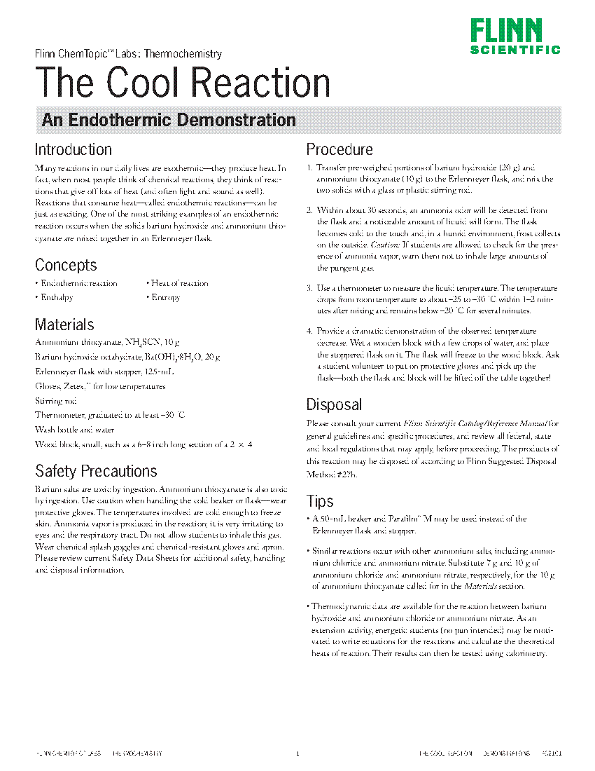 The Cool Reaction: An Endothermic Demonstration—ChemTopic™ Lab Activity ...