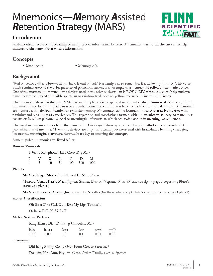 Mnemonics - Memory Assisted Retention Strategy (MARS) | Flinn Scientific