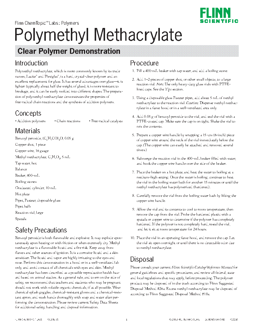 Polymethyl Methacrylate: Clear Polymer Demonstration—ChemTopic™ Lab ...