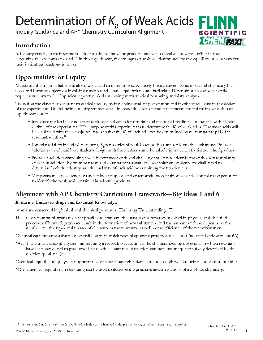 Determine Ka of Weak Acids Inquiry Guidance & AP* Chemistry Curriculum ...
