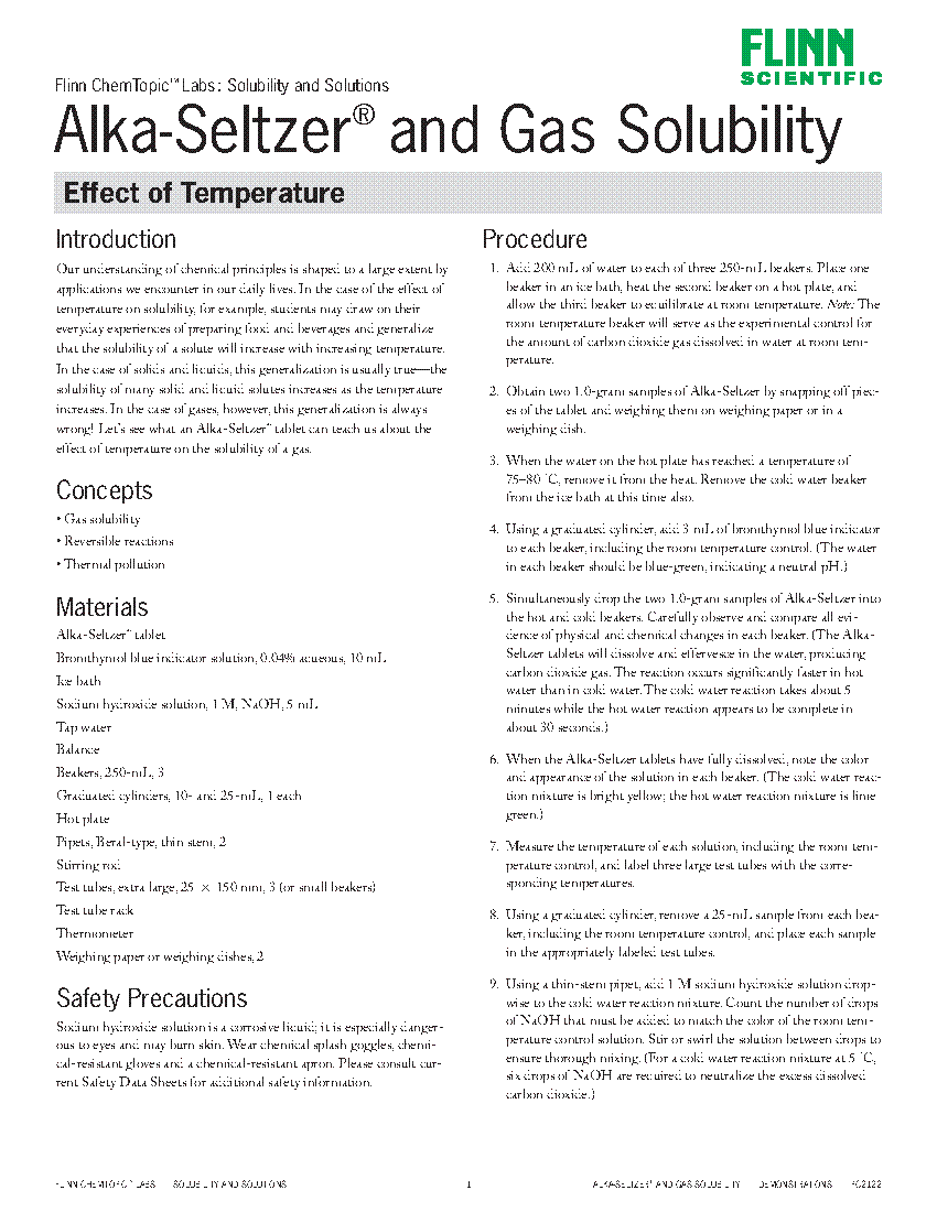 Alka-Seltzer® and Gas Solubility: Effect of Temperature—ChemTopic™ Lab ...
