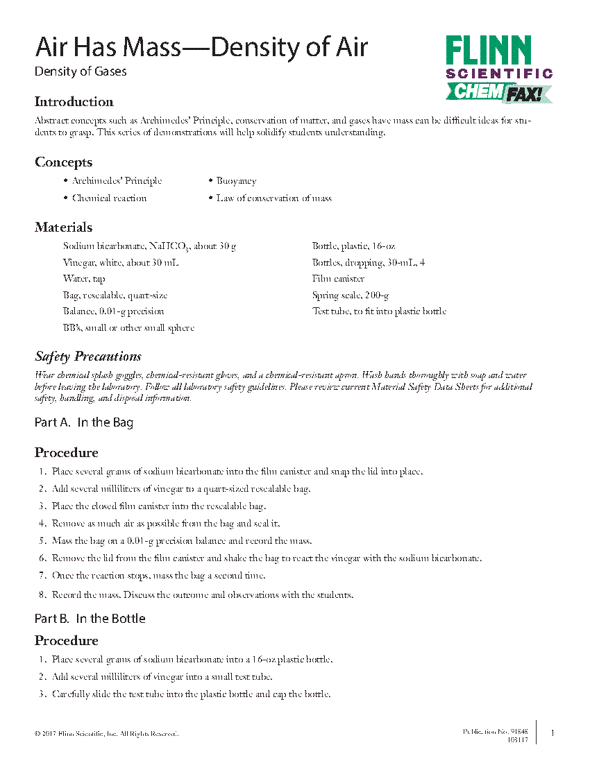 Air Has Mass-Density of Air | Flinn Scientific