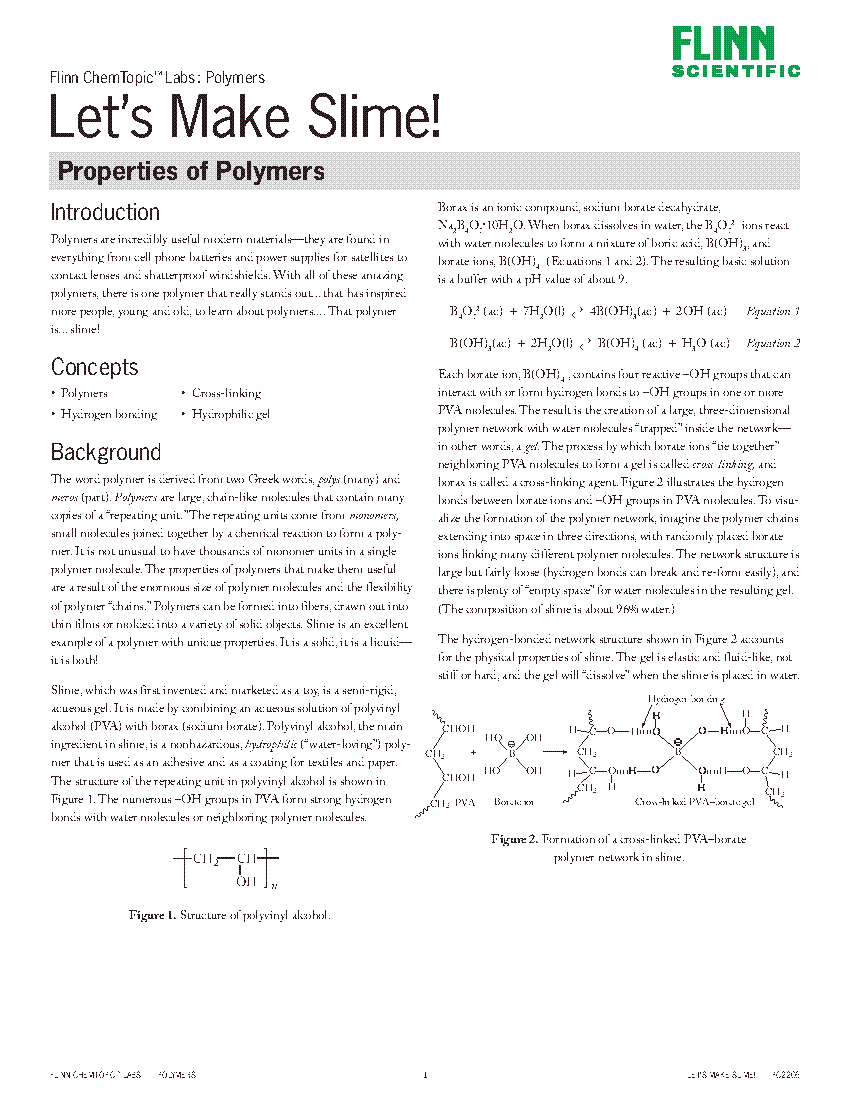 Let’s Make Slime! Properties of Polymers—ChemTopic™ Lab Activity ...