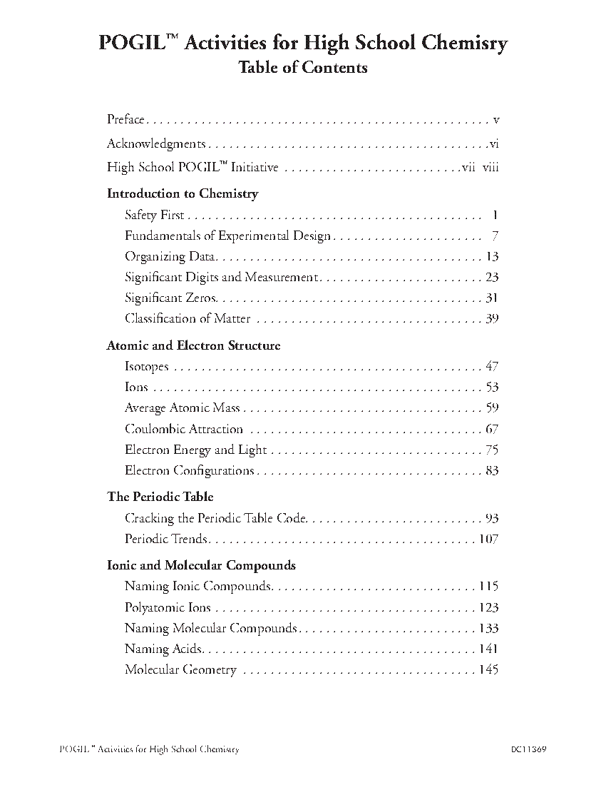 Table of Contents: POGIL™ Activities for High School Chemistry | Flinn ...