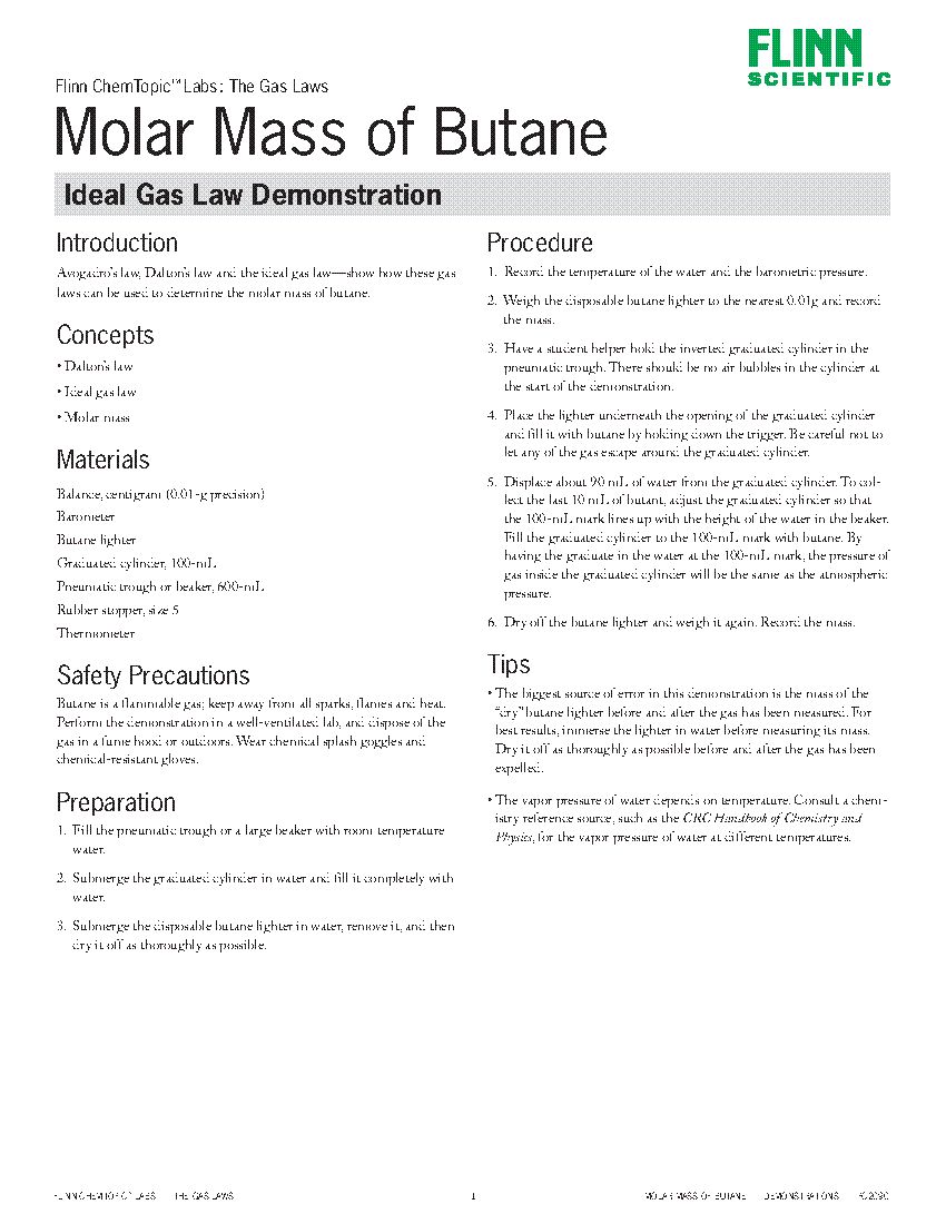 Molar Mass of Butane: Ideal Gas Law Demonstration—ChemTopic™ Lab ...