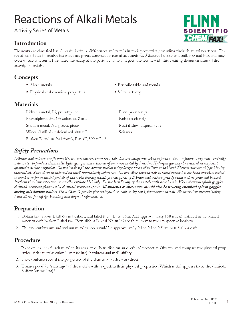 Reactions of Alkali Metals | Flinn Scientific