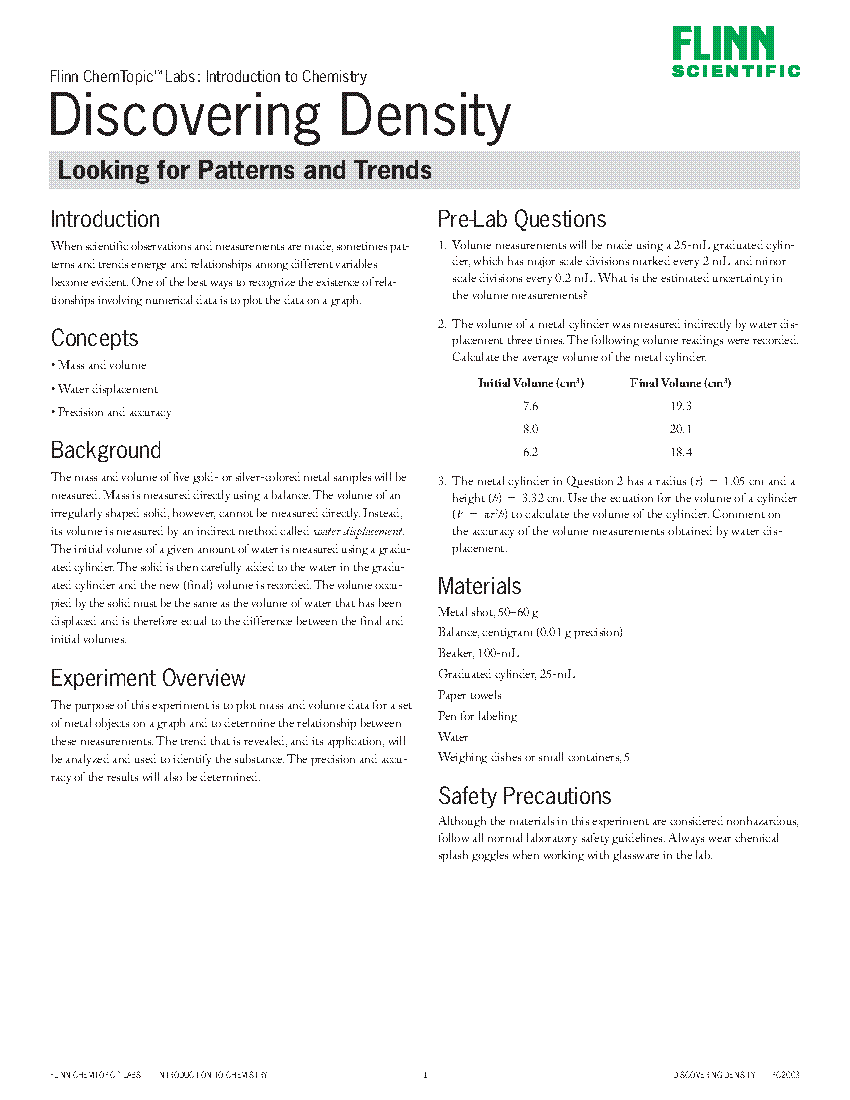 Discovering Density: Looking for Patterns and Trends—ChemTopic™ Lab ...