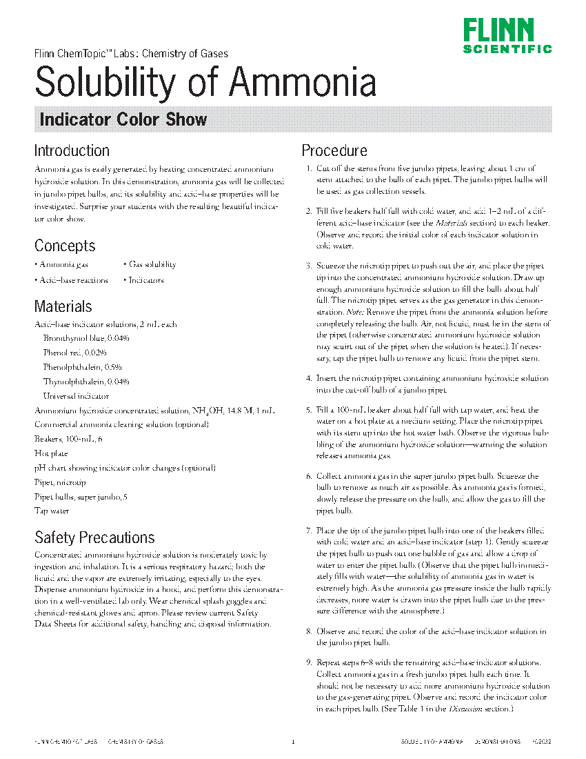 Solubility of Ammonia: Indicator Color Show—ChemTopic™ Lab Activity ...
