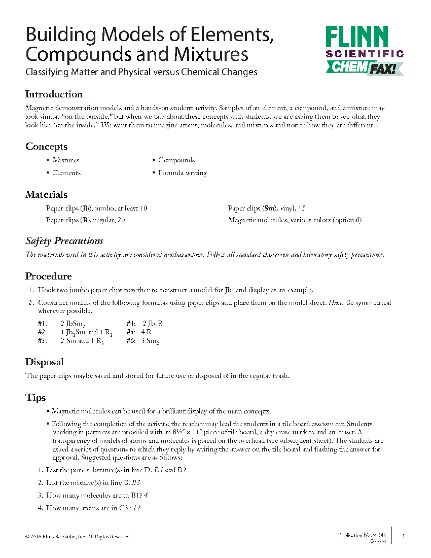 Elements Compounds And Mixtures Worksheet